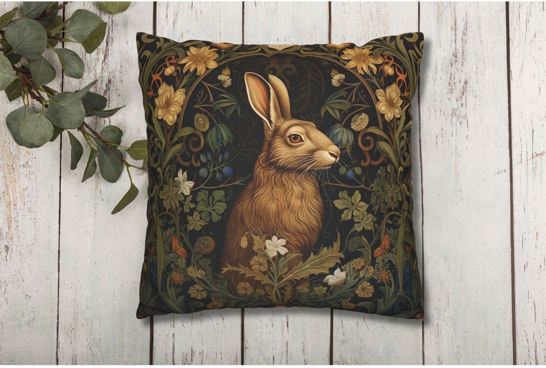 Rabbit Pillow Cover, William Morris-inspired Throw Pillow Cover, Floral ...