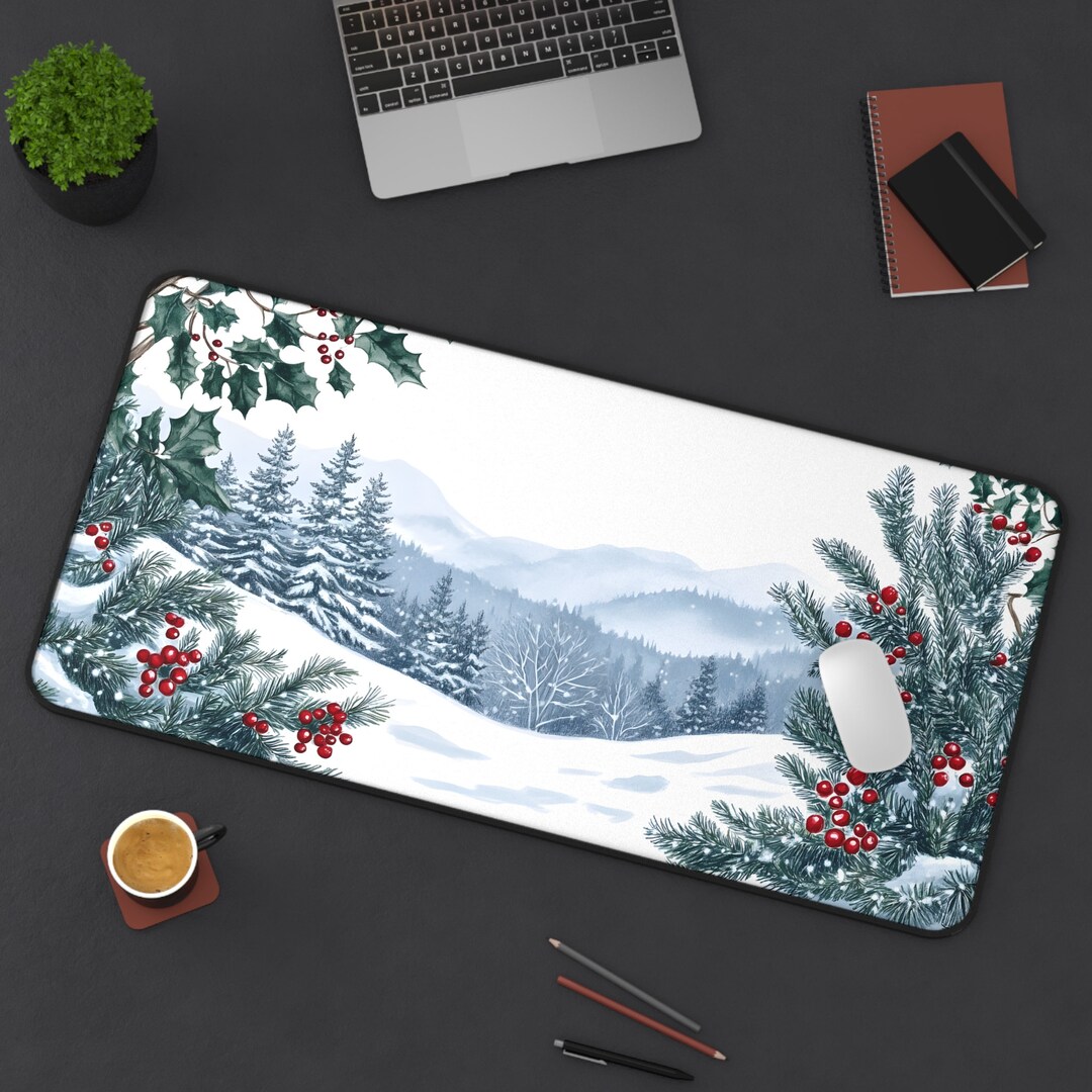 Vintage Winter Desk Mat, Winter Mouse Pad, Watercolor Winter Scene ...