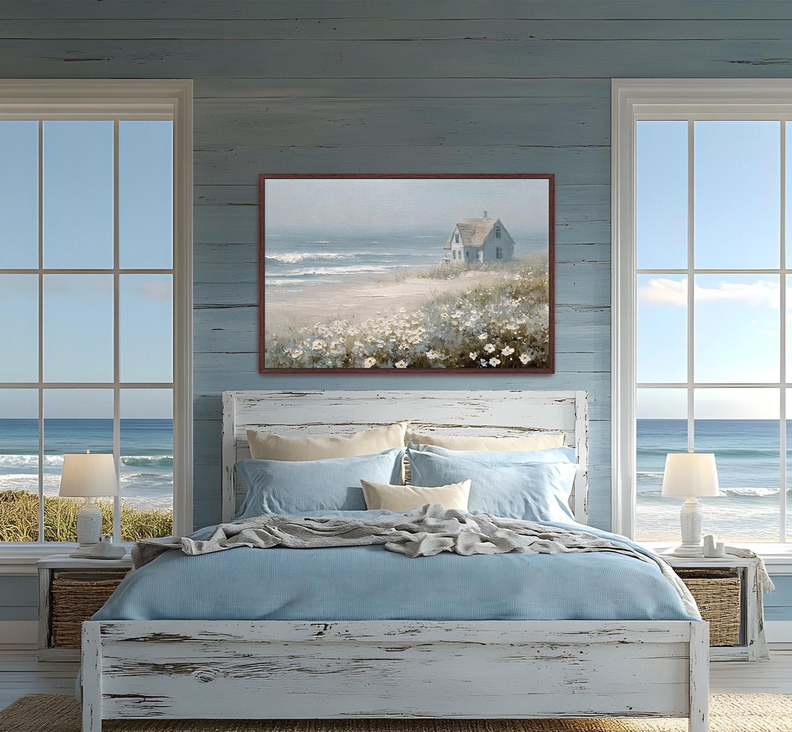 Coastal Beach Cottage With Wildflowers Framed Canvas Wall Art, Coastal ...