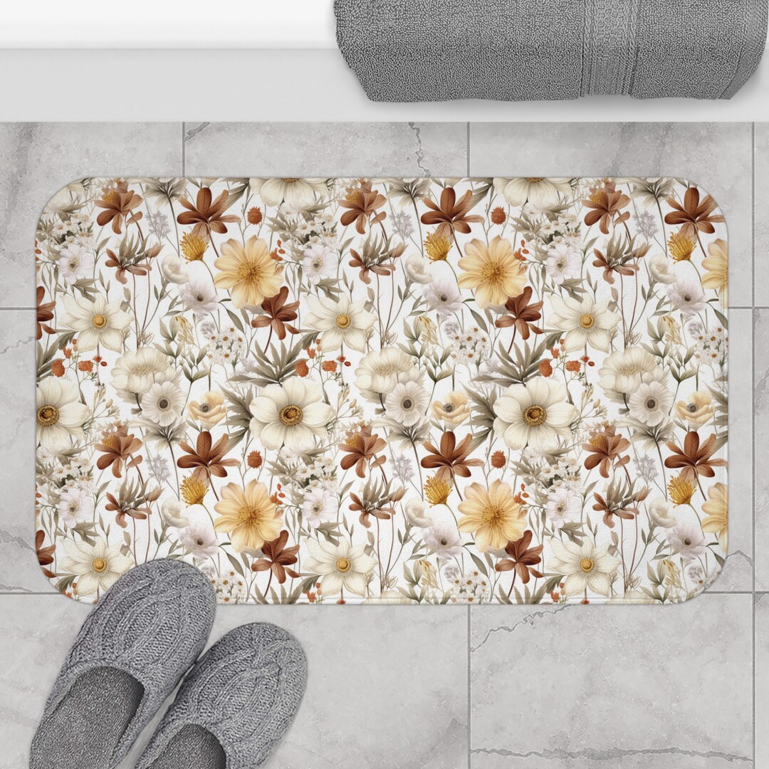 Boho Wildflowers Bath Mat, Memory Foam Bath Mat, Floral Bath Rug ...