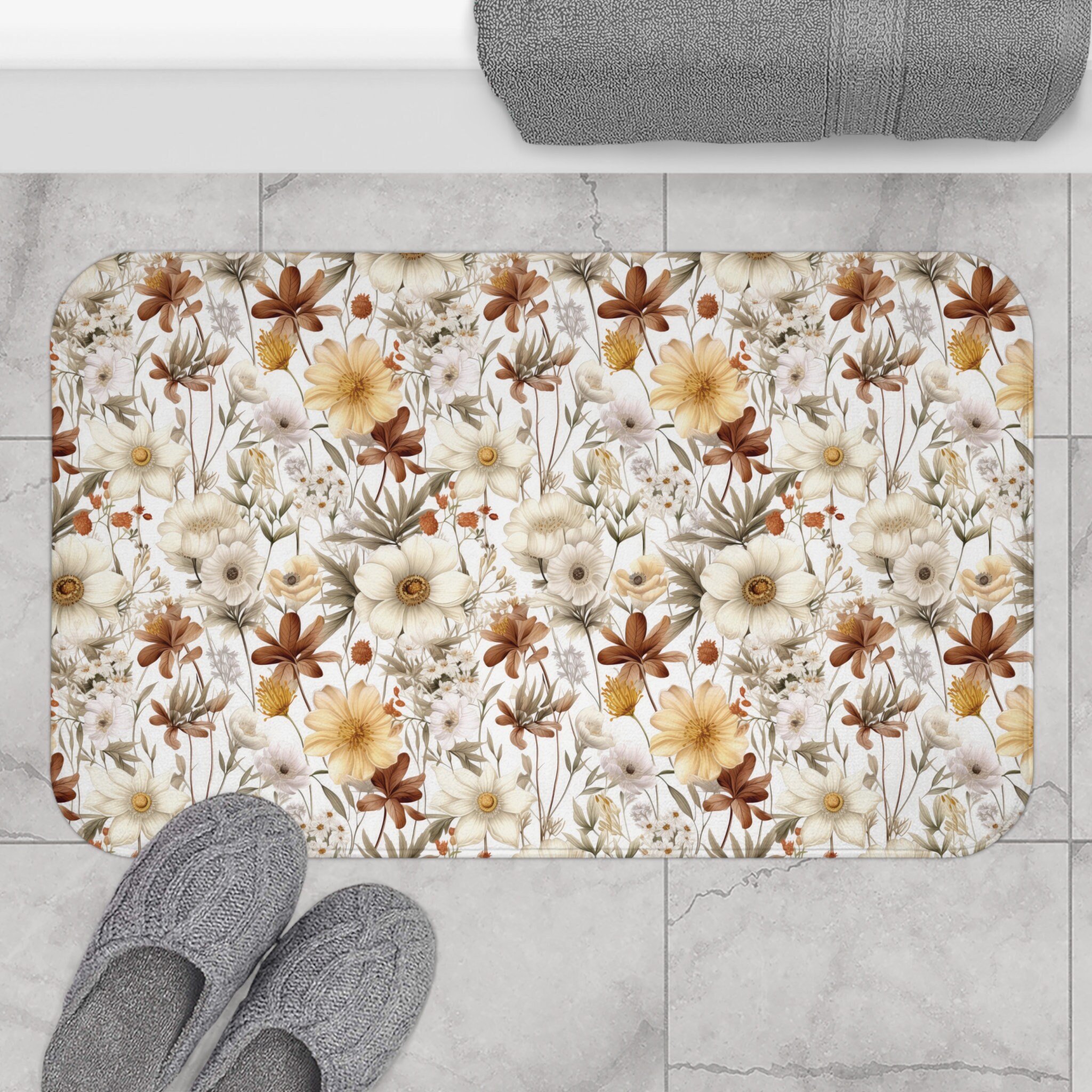 Boho Wildflowers Bath Mat, Memory Foam Bath Mat, Floral Bath Rug ...