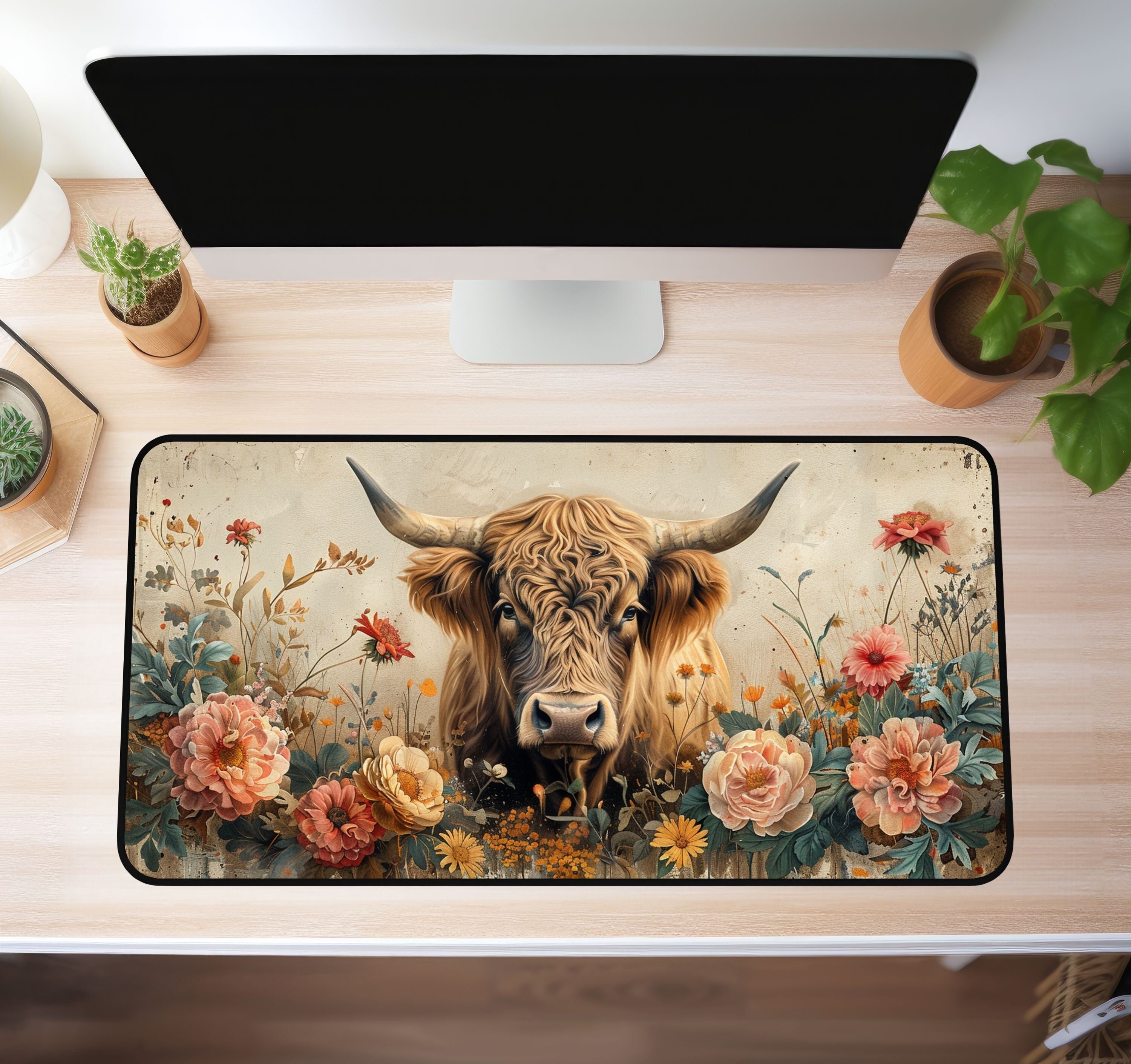 Highland Cow Desk Mat, Modern Farmhouse Desk Mat, Floral Cow Mouse Pad ...