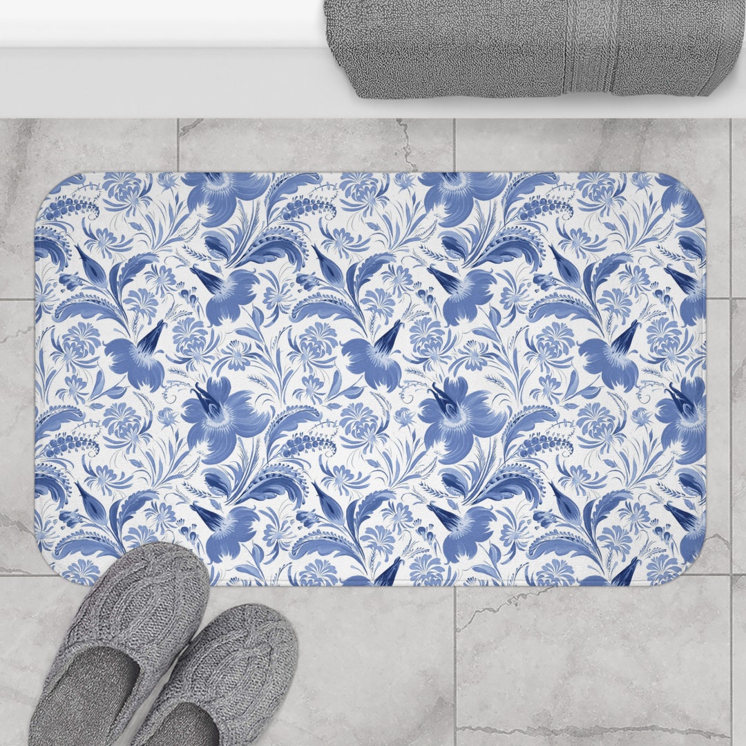 Blue Floral Bath Mat, Blue Floral Toile Bathroom Rug, Cottagecore ...