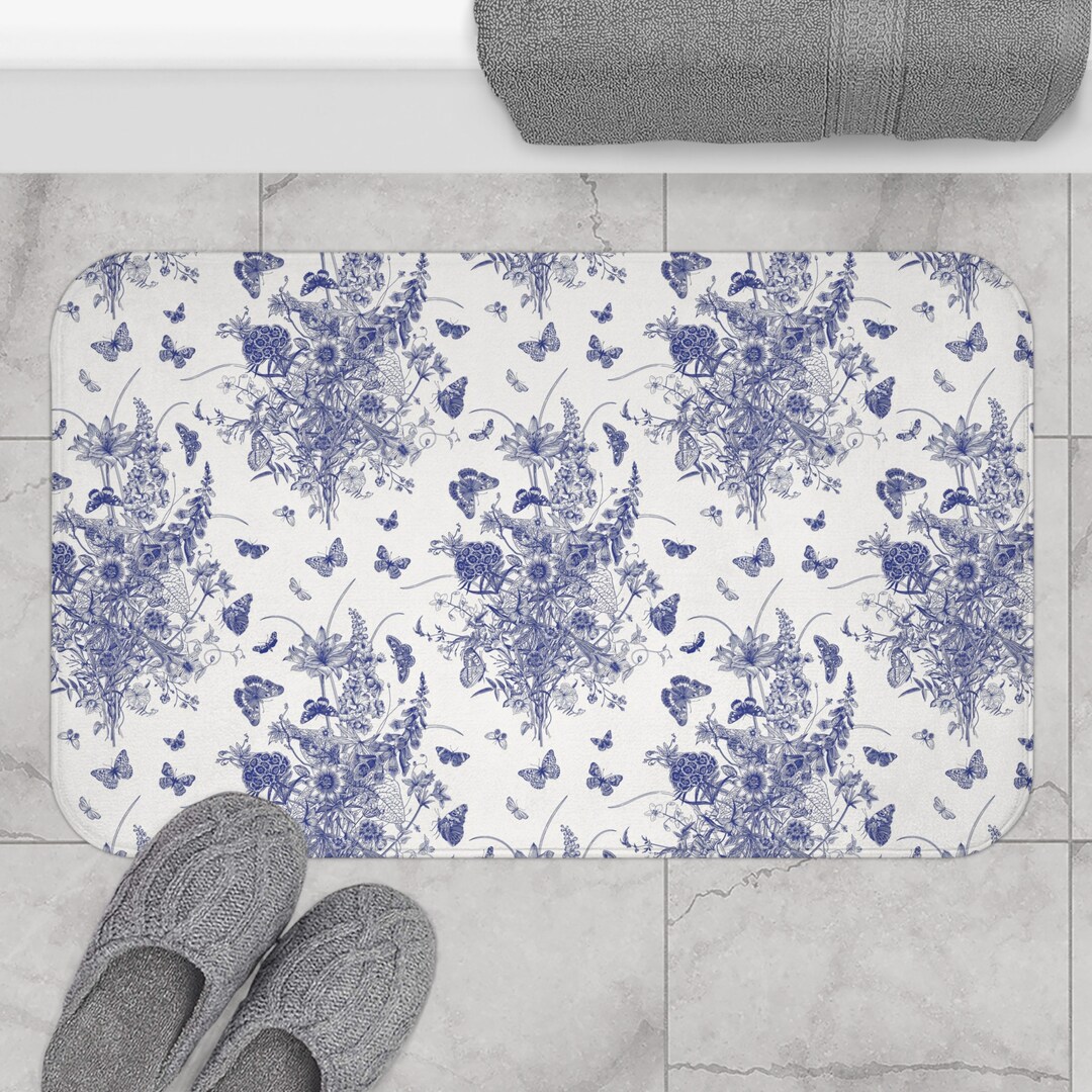 Blue Floral Bath Mat, Blue Wildflowers Bathroom Rug, Cottagecore ...