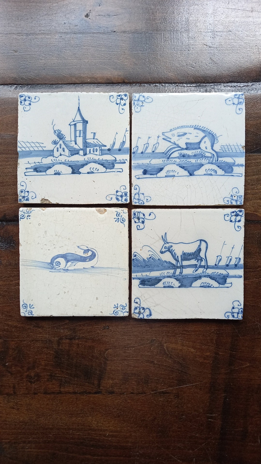 Four Antique Delft Blue Tiles - Etsy