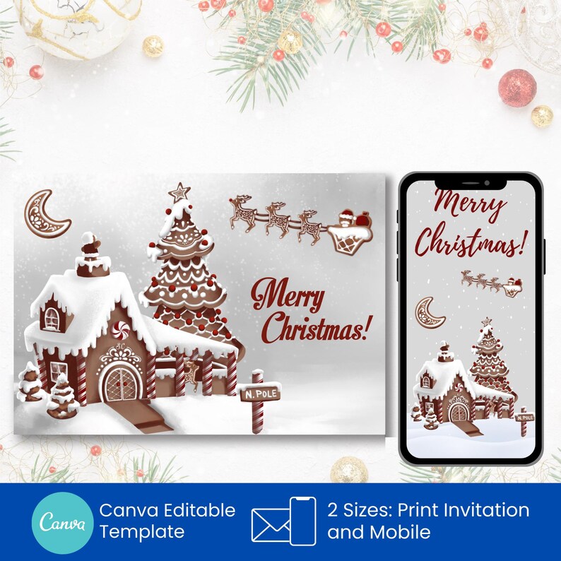 Gingerbread House Christmas Card, Santa Gingerbread Scene, Printable ...