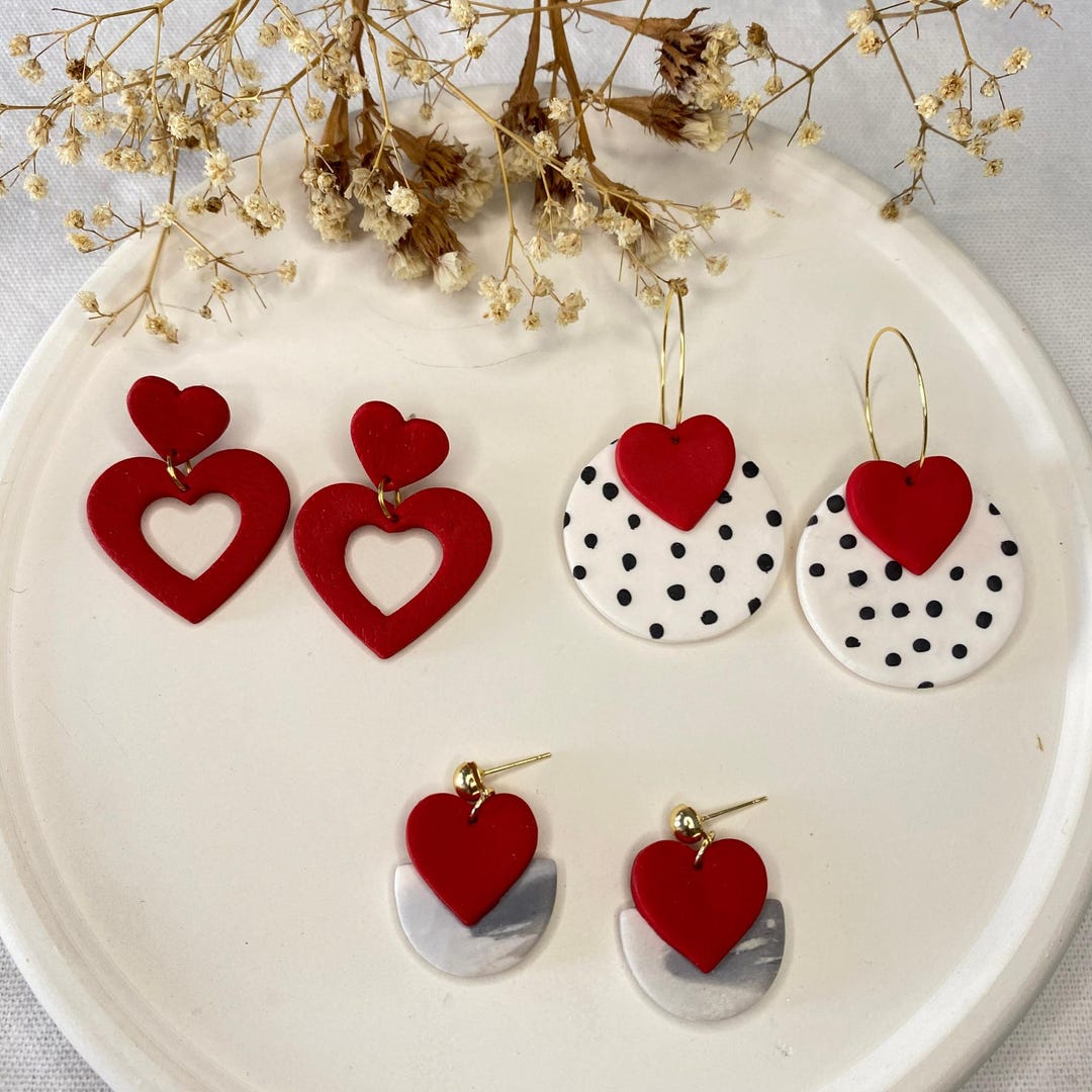 Handmade Red Heart Valentines Day Polymer Clay Earrings Polka Dot, Red ...