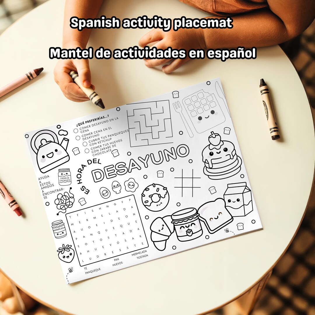 Printable Breakfast Activity Placemat in Spanish: Kids Coloring Page ...