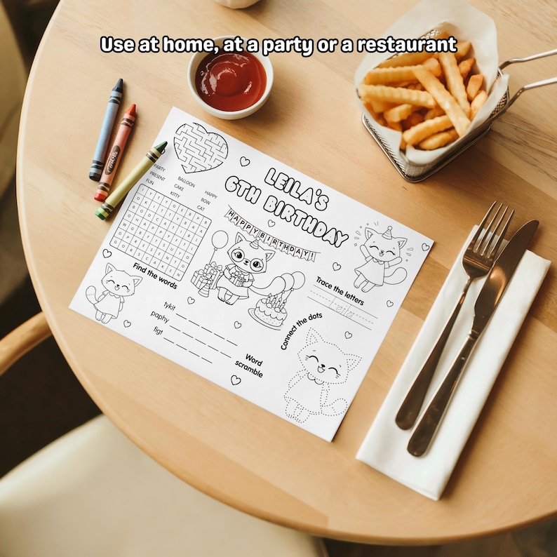 Personalized Kitty Activity Sheet, Birthday Party Placemat, Printable ...