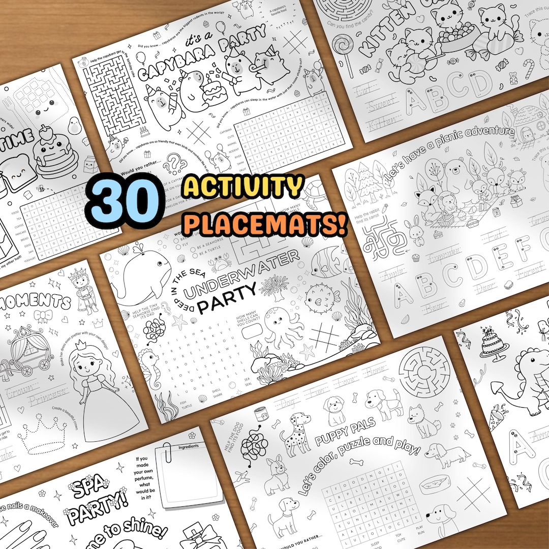 Kids Activity Placemat Bundle: 30 Printable Coloring Games (digital ...