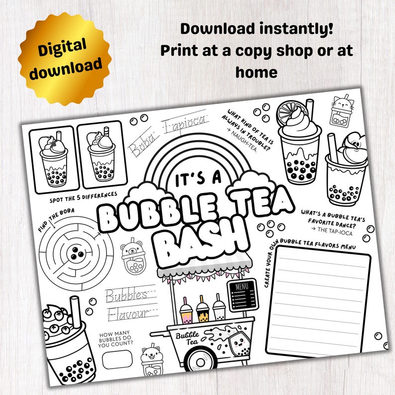 Bubble Tea Activity Placemat: Kids Coloring & Puzzle Sheet (digital ...