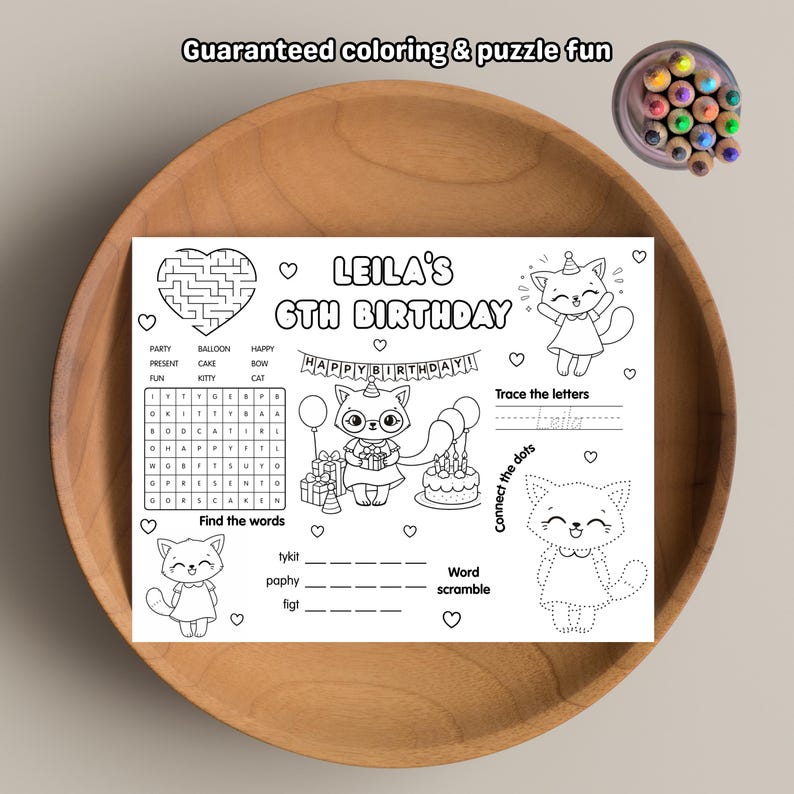 Personalized Kitty Activity Sheet, Birthday Party Placemat, Printable ...