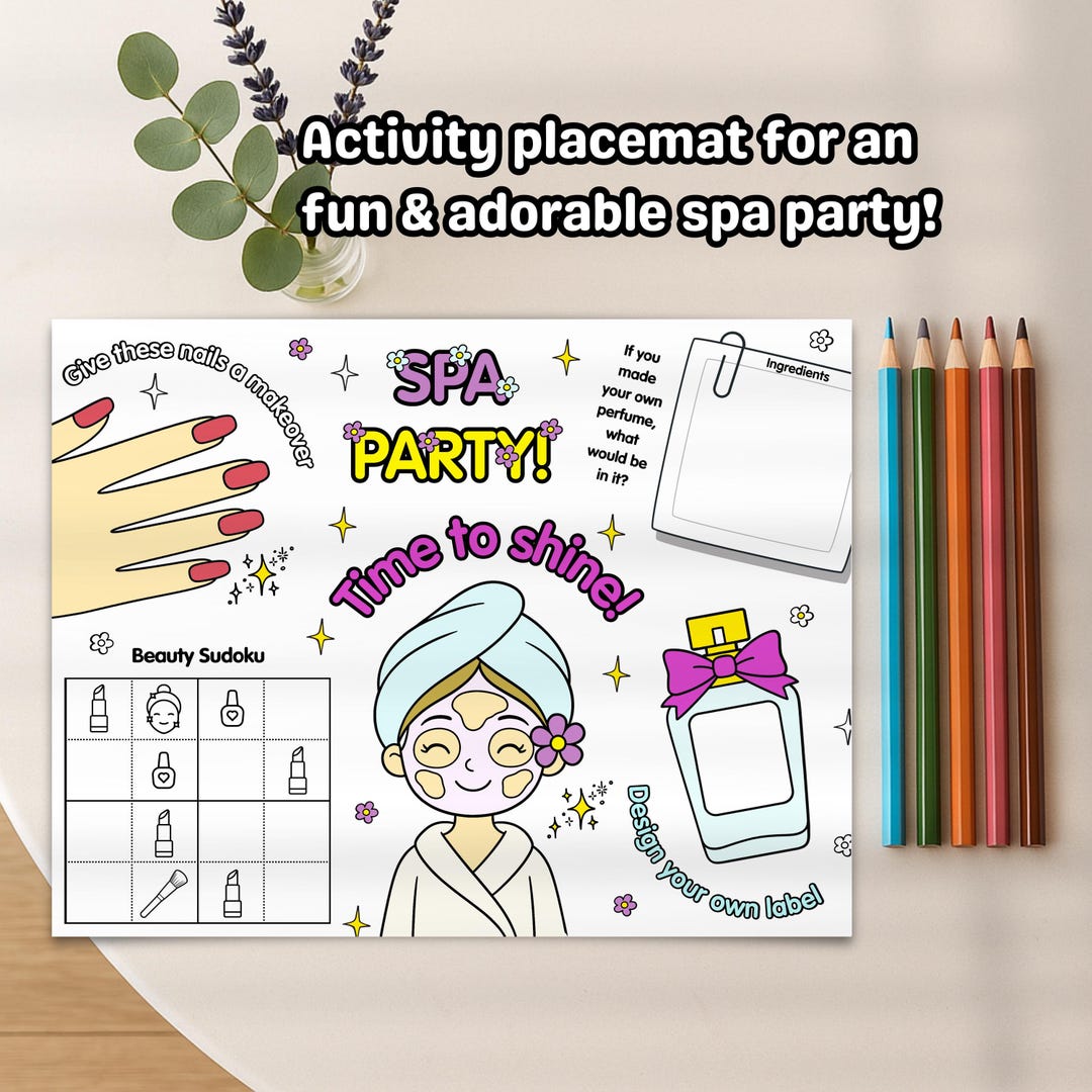 Spa Party Activity Placemat, Printable Kids Birthday Coloring Games ...