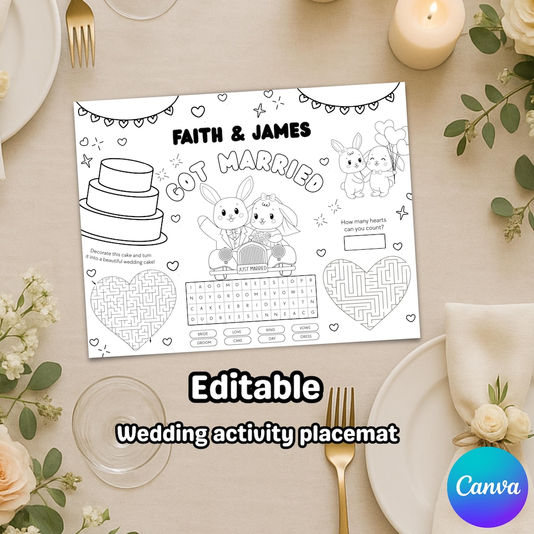 Wedding Activity Placemat Template, Editable in Canva, Kids Activity - Etsy