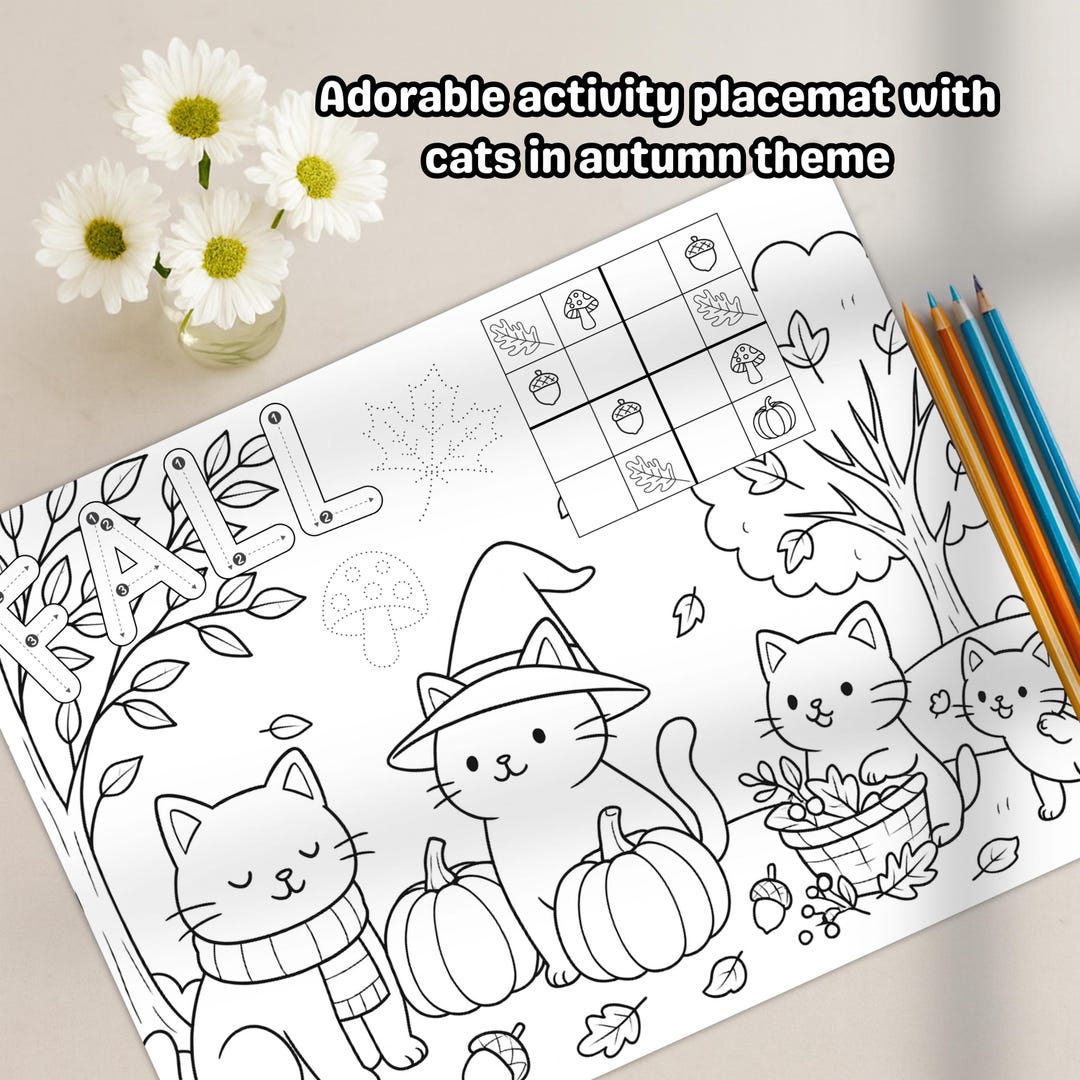 Printable Fall Activity Placemat, Autumn, Coloring Mat, Cats Placemat ...