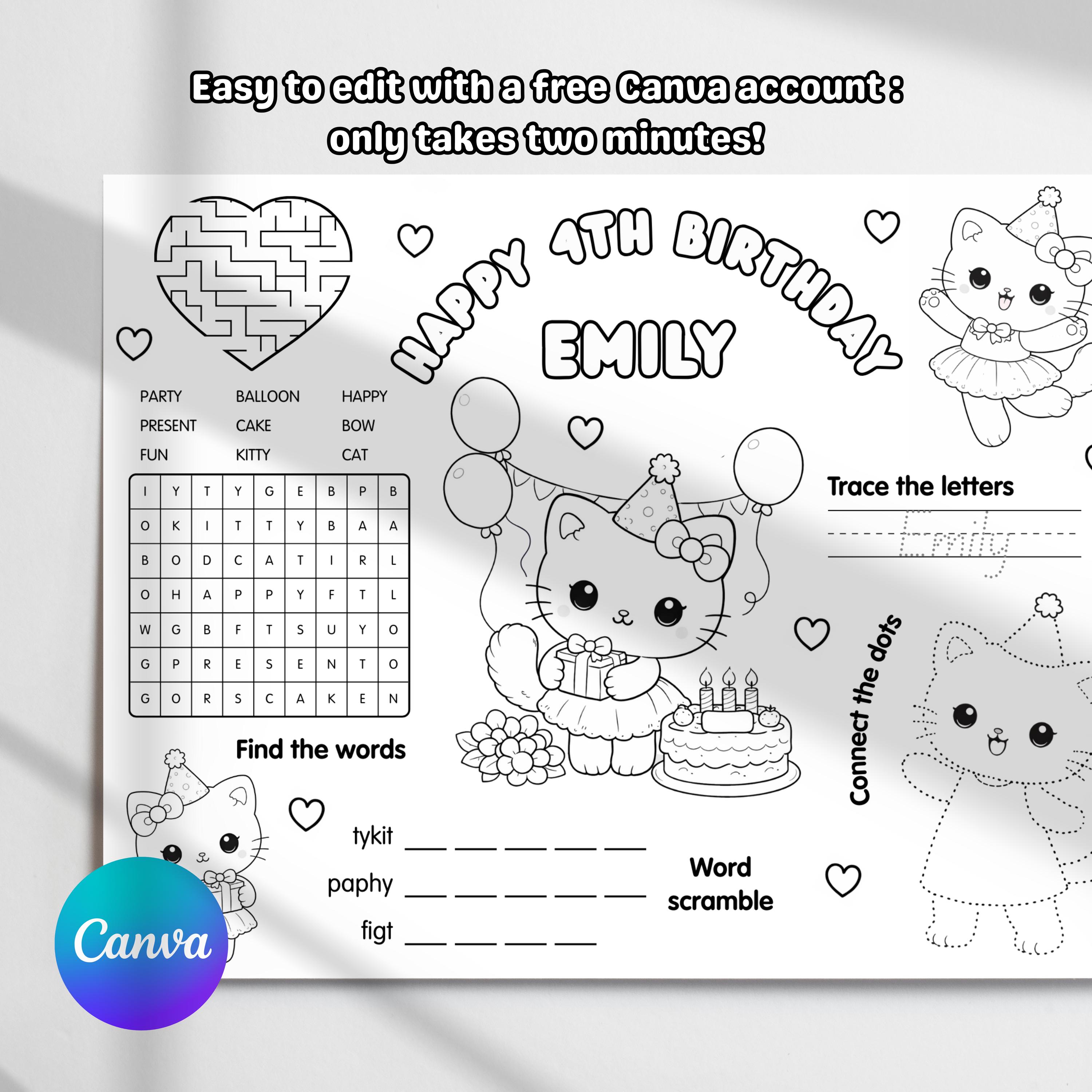 Personalized Kitty Activity Sheet, Birthday Party Placemat, Printable ...