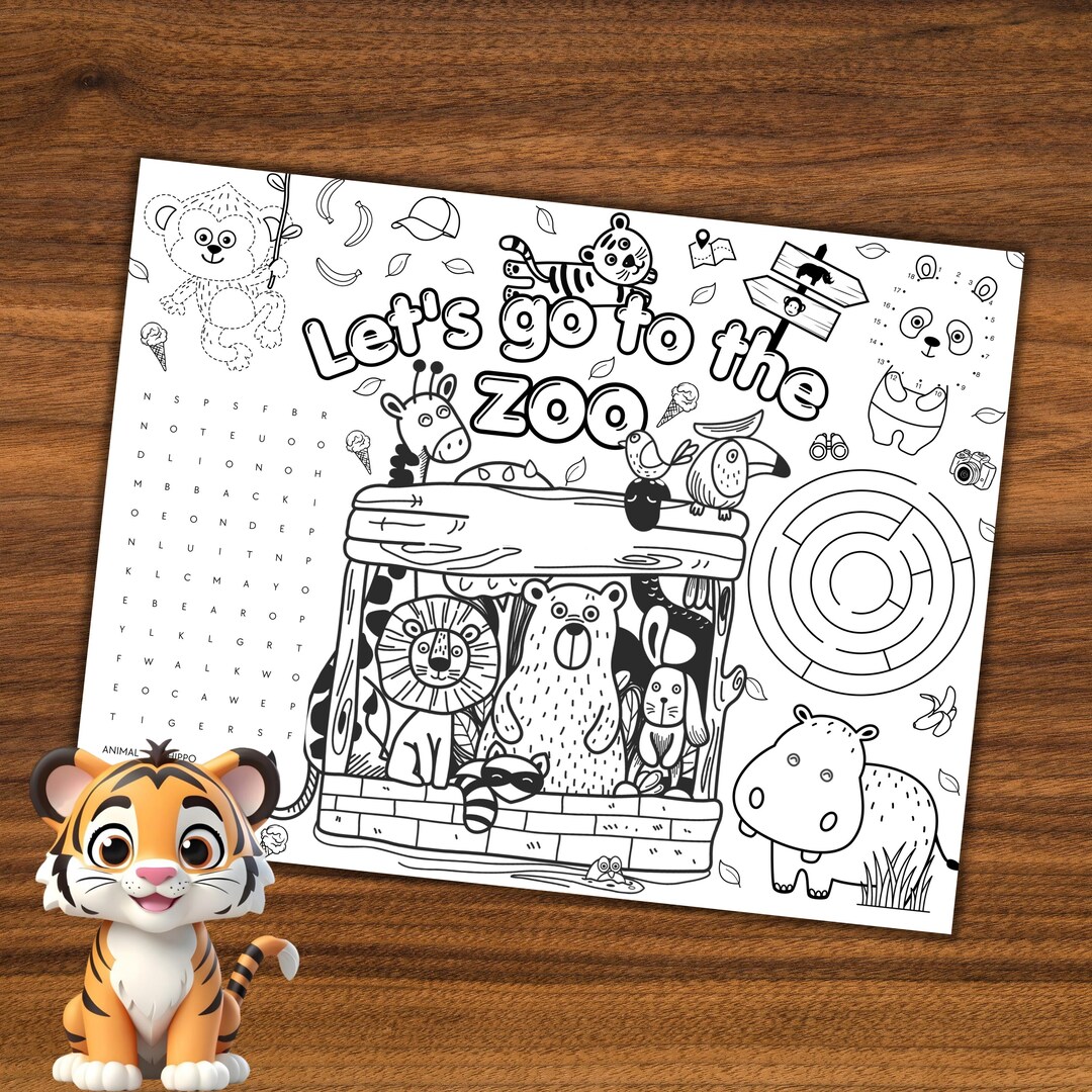 Zoo Activity Placemat, Coloring Page, Activity Sheet, for Animals in ...