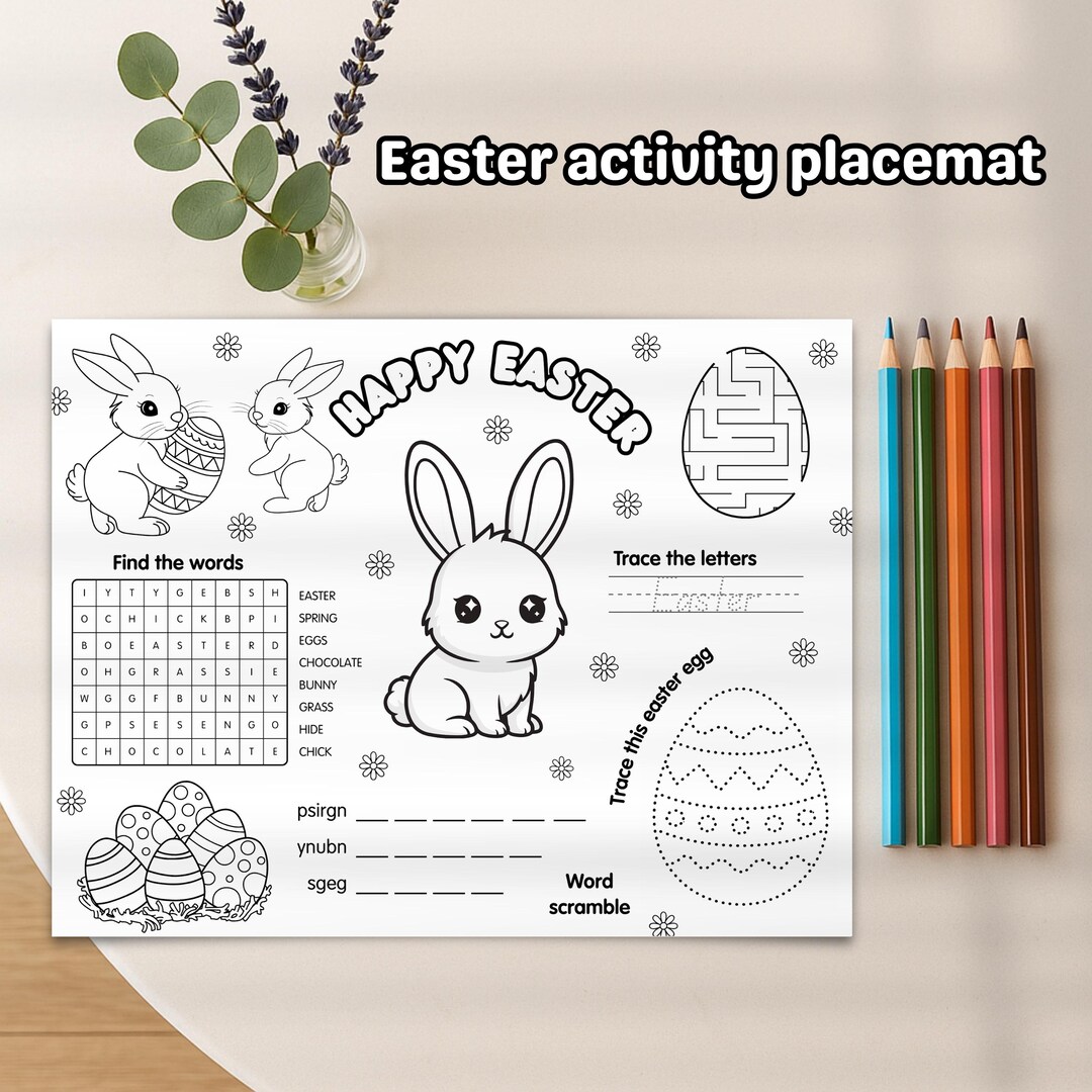 Easter Activity Placemat for Kids | Printable Bunny Coloring Sheet ...