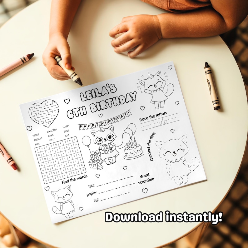 Personalized Kitty Activity Sheet, Birthday Party Placemat, Printable ...