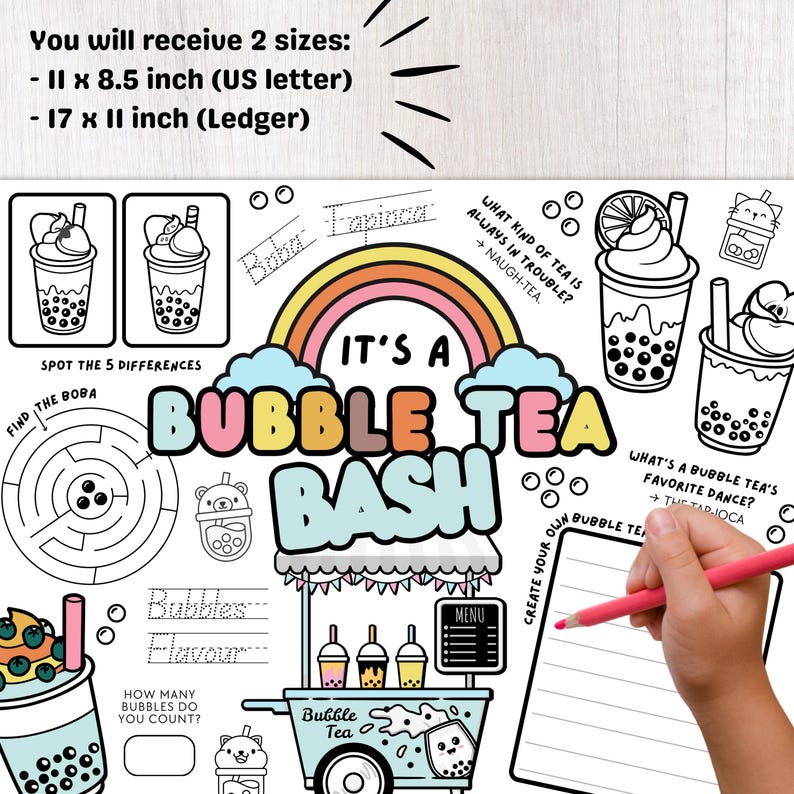 Bubble Tea Activity Placemat: Kids Coloring & Puzzle Sheet (digital ...
