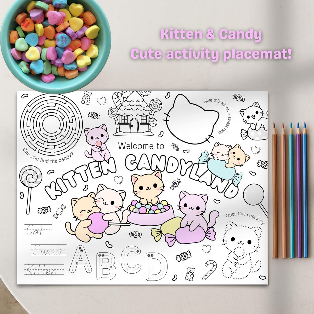 Candy Activity Placemat for Kids, Cats, Kittens, Cute Coloring Sheet ...