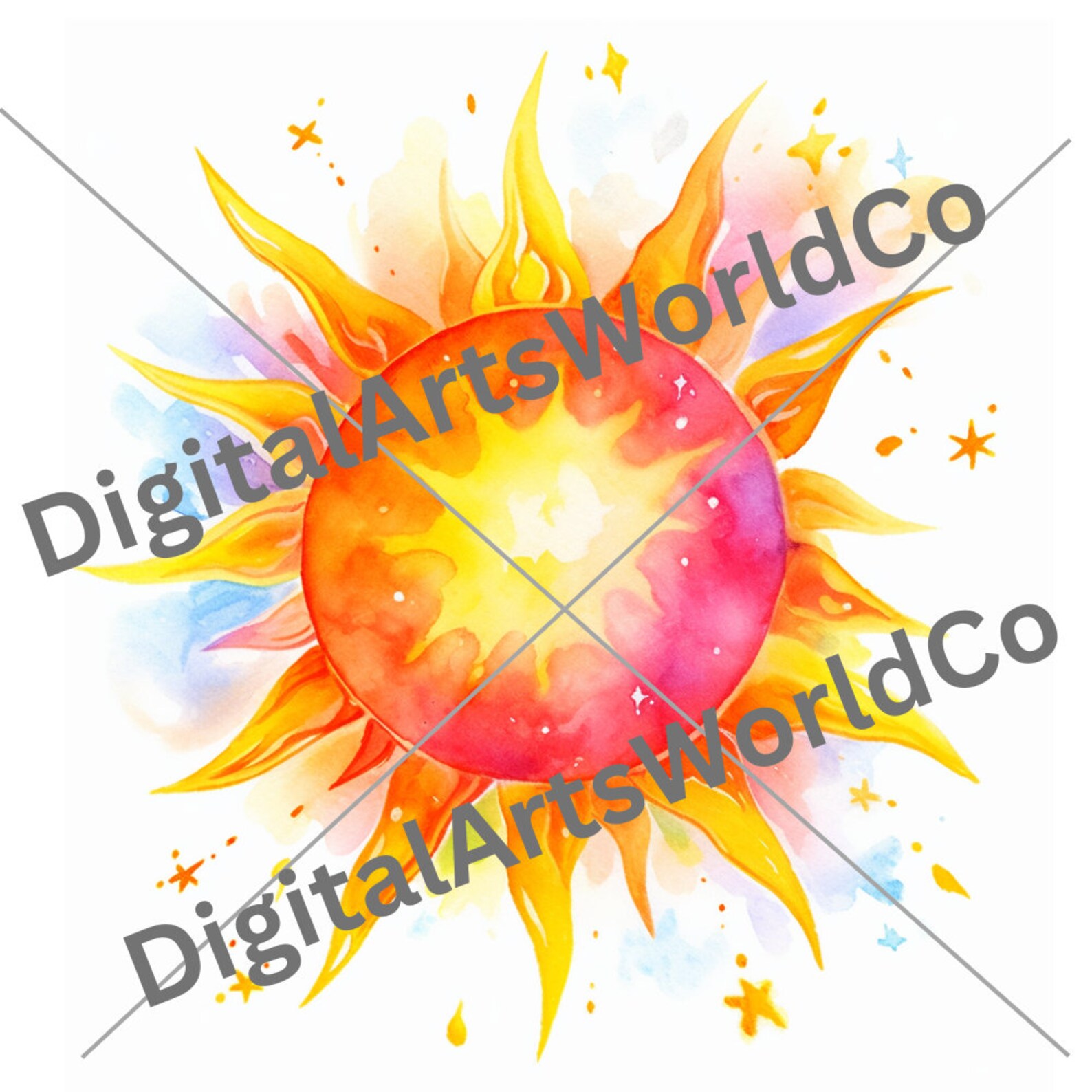 Watercolor Sun Clipart, Digital Sun Clipart, Bright Sun Png, Watercolor ...