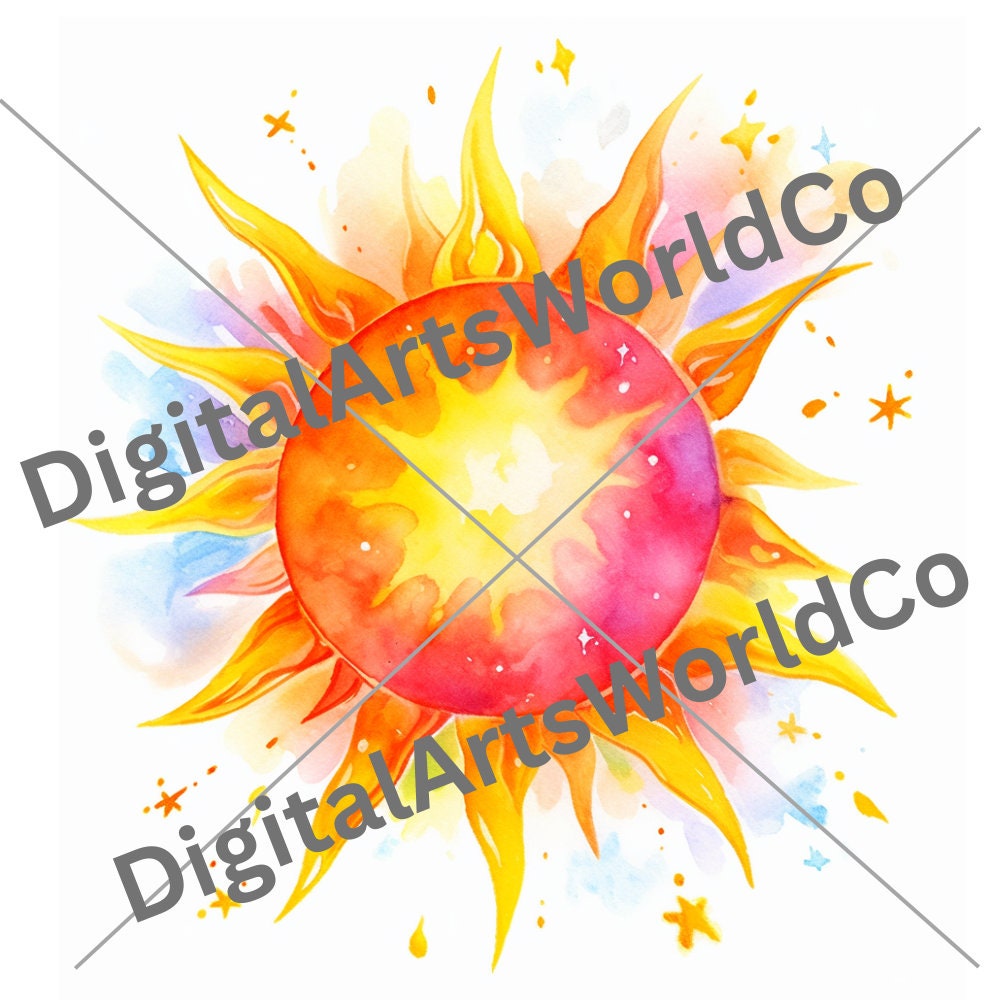 Watercolor Sun Clipart, Digital Sun Clipart, Bright Sun Png, Watercolor ...
