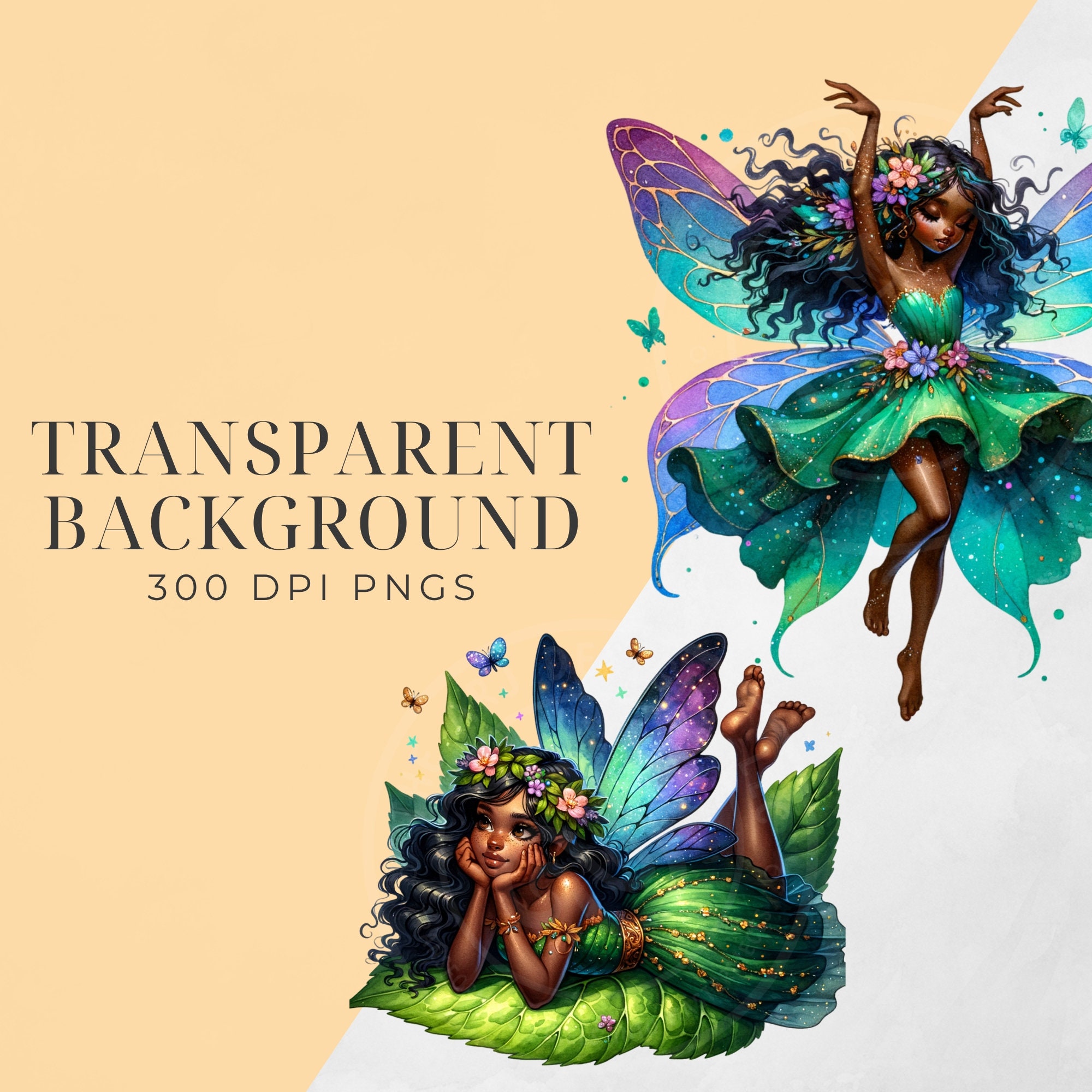 African American Fairy Clipart Whimsical Watercolor Fairy Ebony Firefly ...