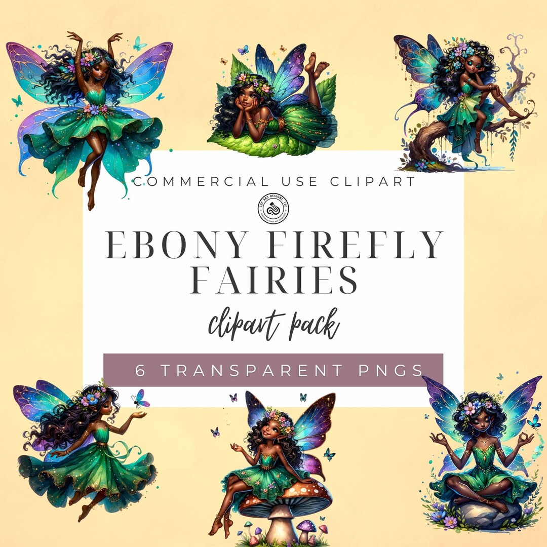 African American Fairy Clipart Whimsical Watercolor Fairy Ebony Firefly ...