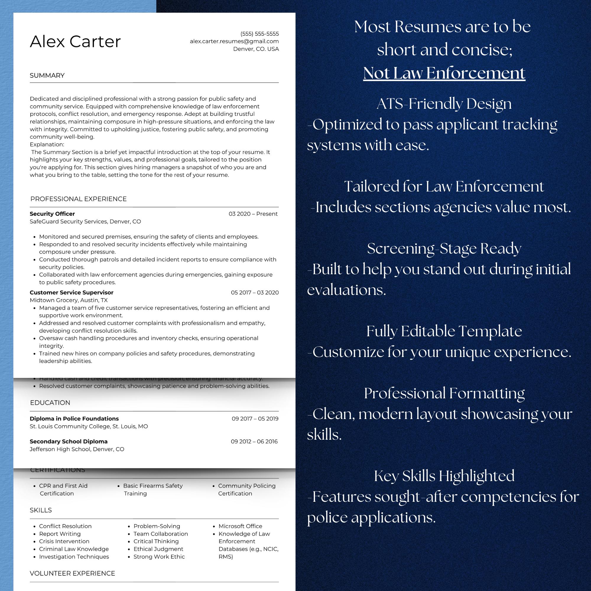 Law Enforcement Resume Template | Ats-friendly| Fully Editable for ...