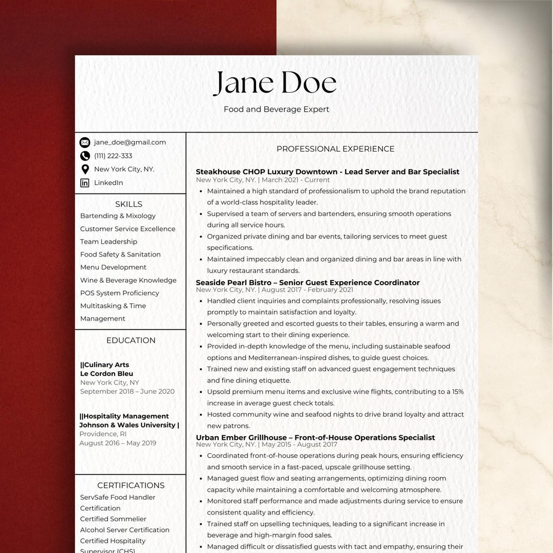 Editable Food and Beverage Resume Template | Modern Design, Easy ...