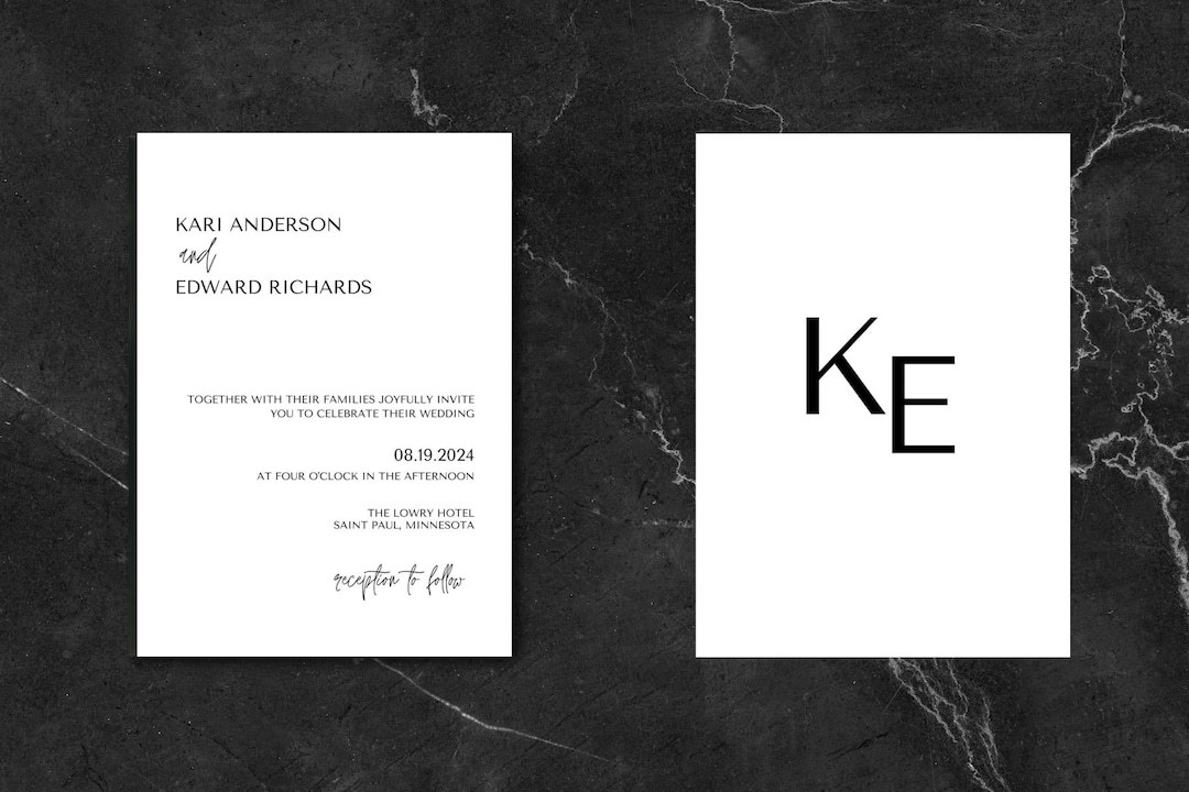 BLACK AND WHITE Simple Wedding Invitation. Initials - Etsy