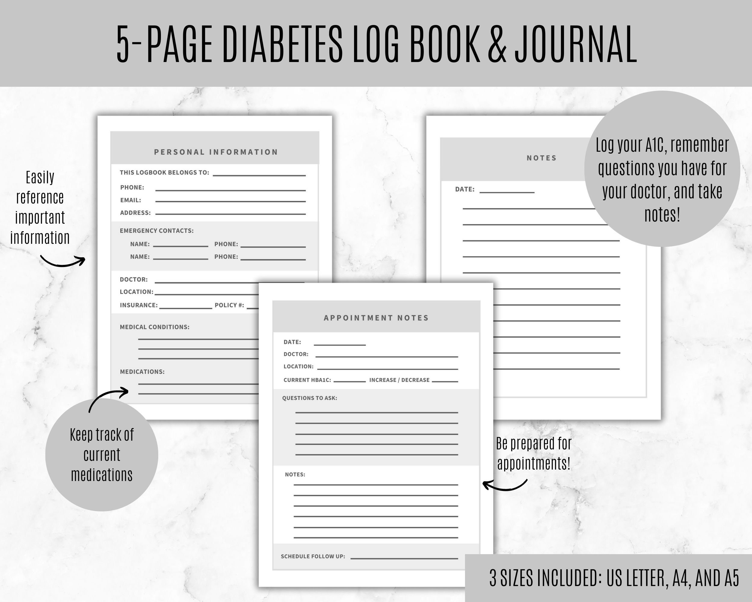 Digital Diabetic Journal, Printable Blood Sugar Tracker, Type 1 ...