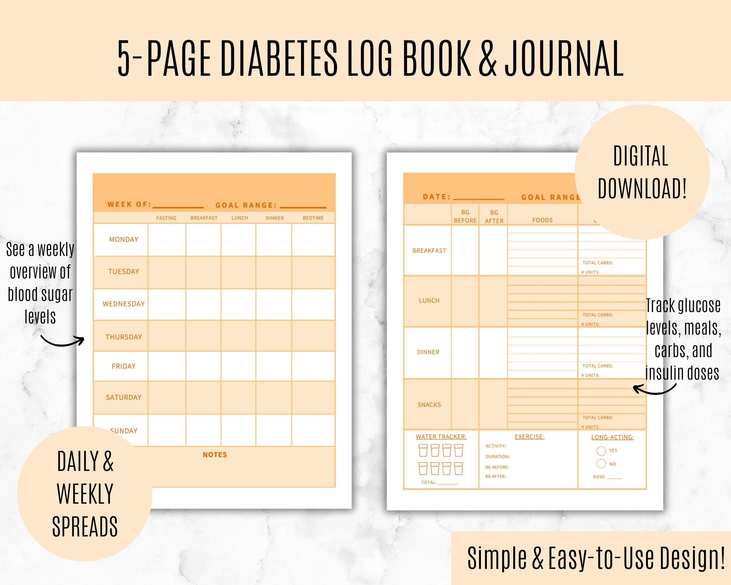 Digital Diabetic Journal, Printable Blood Sugar Tracker, Type 1 ...