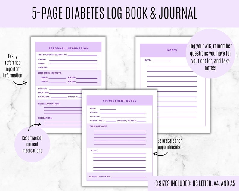 Digital Diabetic Journal, Printable Blood Sugar Tracker, Type 1 ...