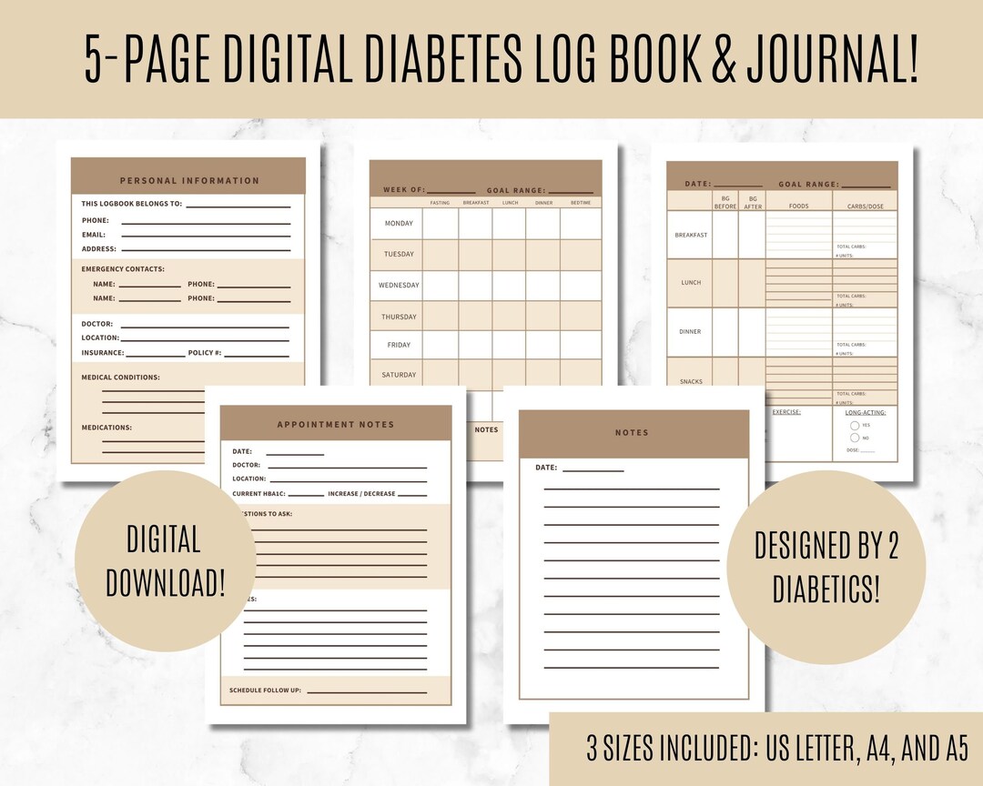 Digital Diabetic Journal, Printable Blood Sugar Tracker, Type 1 ...