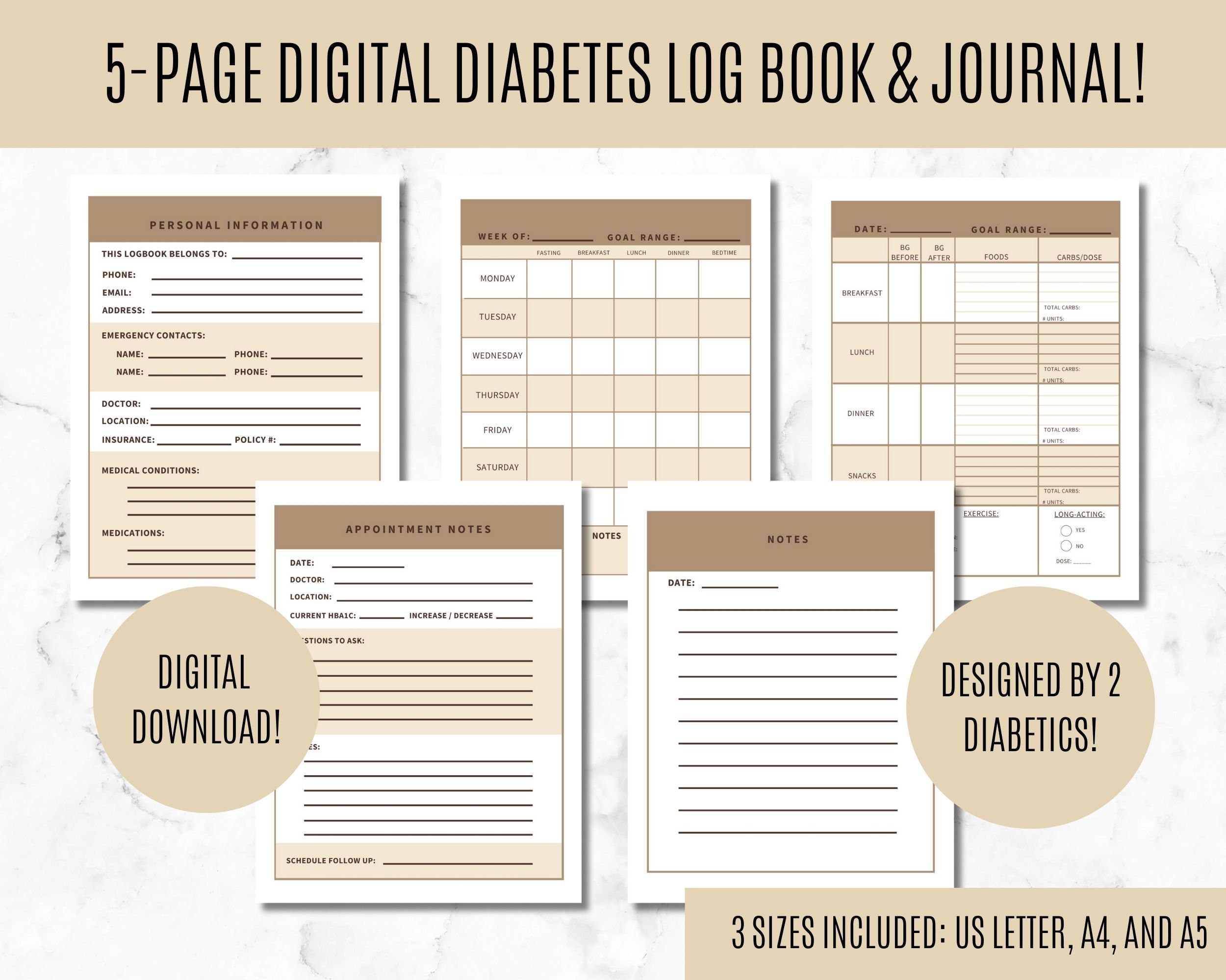 Digital Diabetic Journal, Printable Blood Sugar Tracker, Type 1 ...