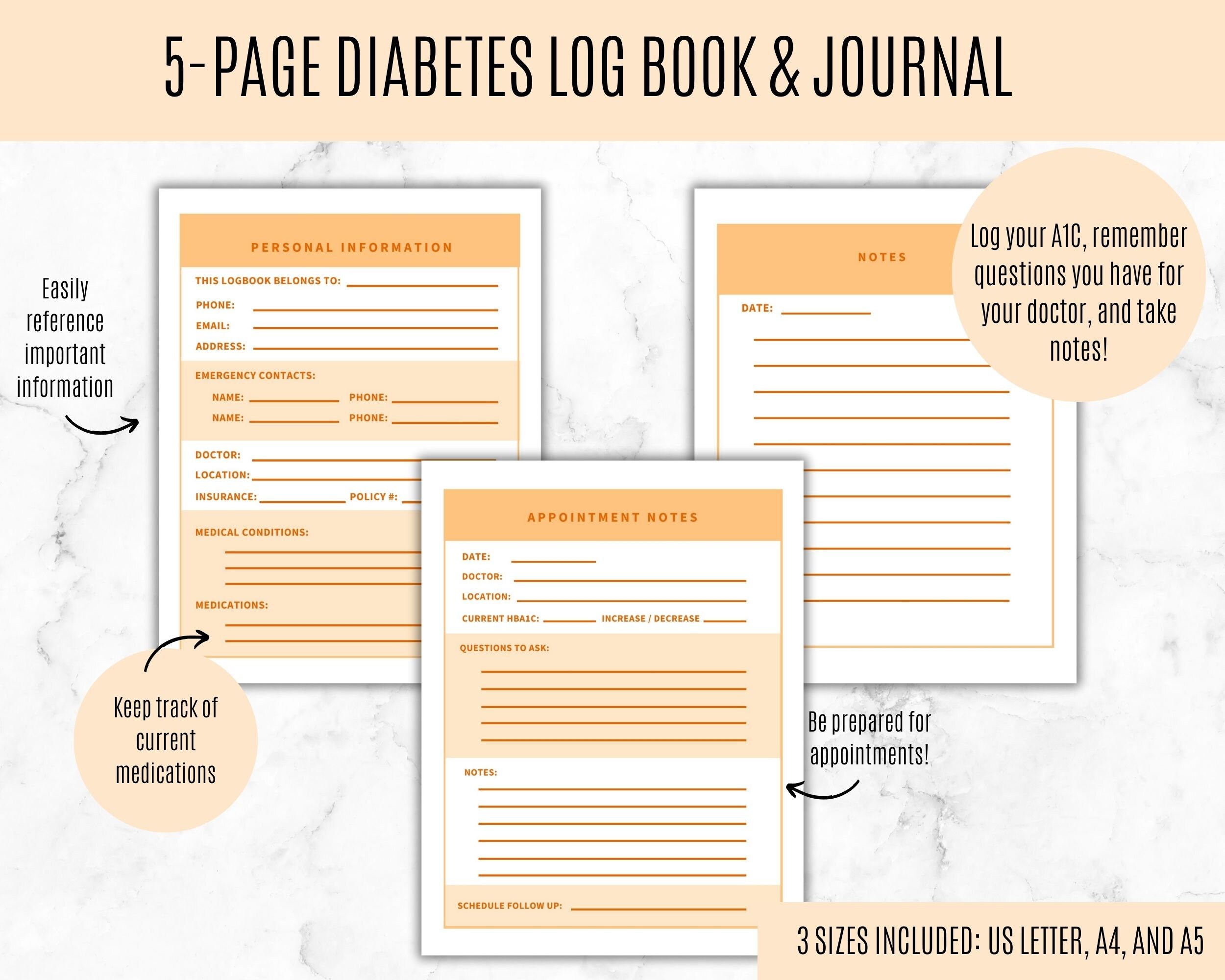 Digital Diabetic Journal, Printable Blood Sugar Tracker, Type 1 ...