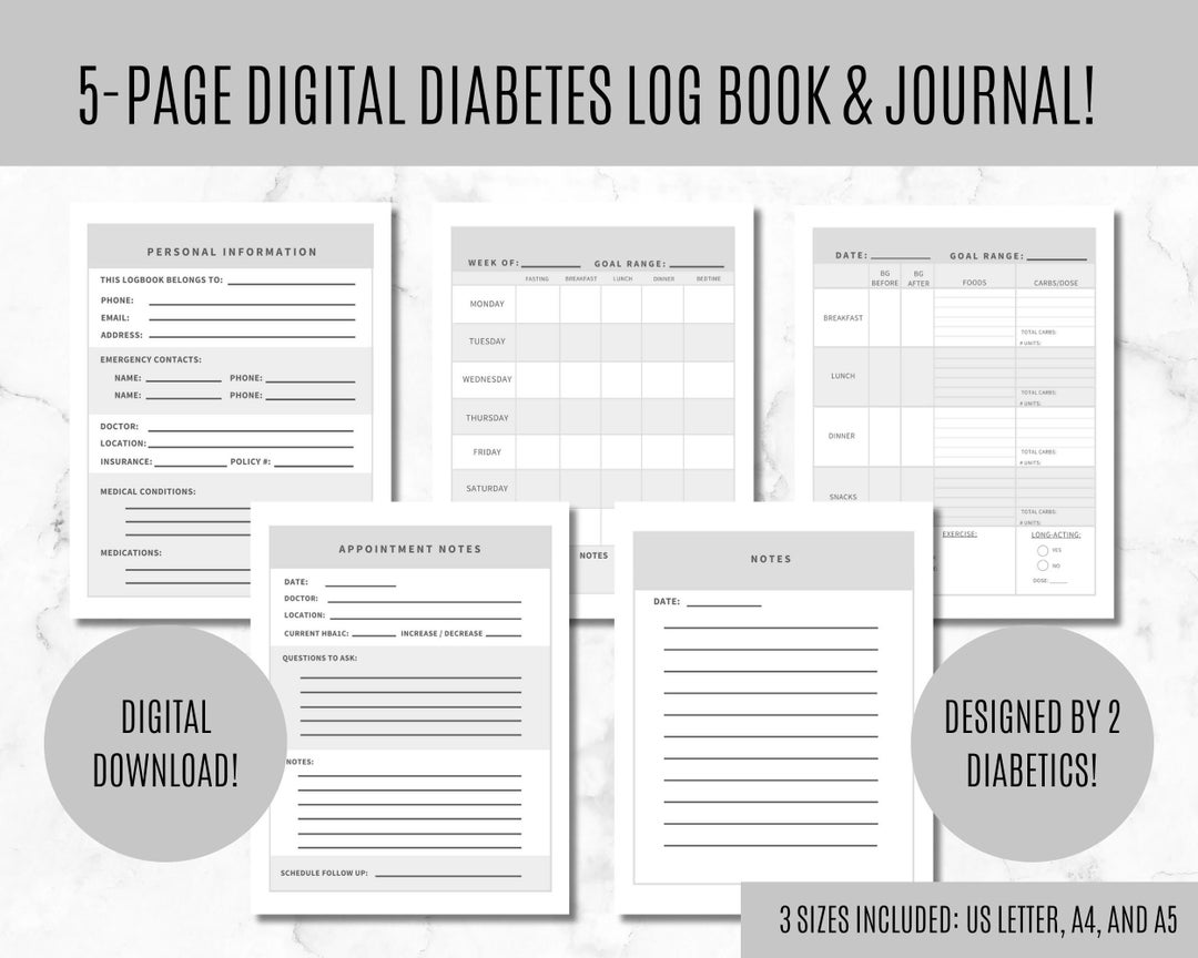 Digital Diabetic Journal, Printable Blood Sugar Tracker, Type 1 ...