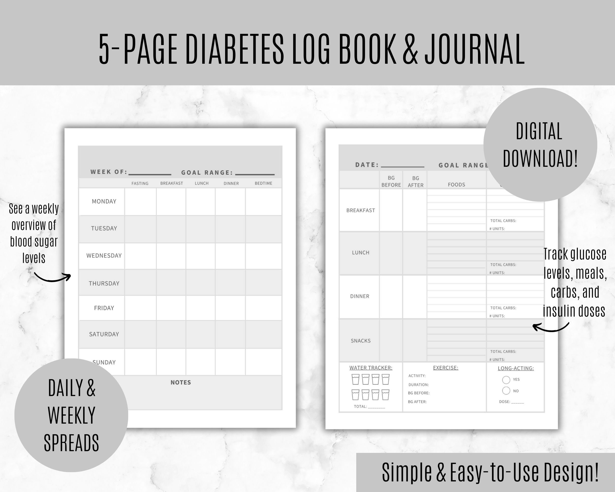 Digital Diabetic Journal, Printable Blood Sugar Tracker, Type 1 ...