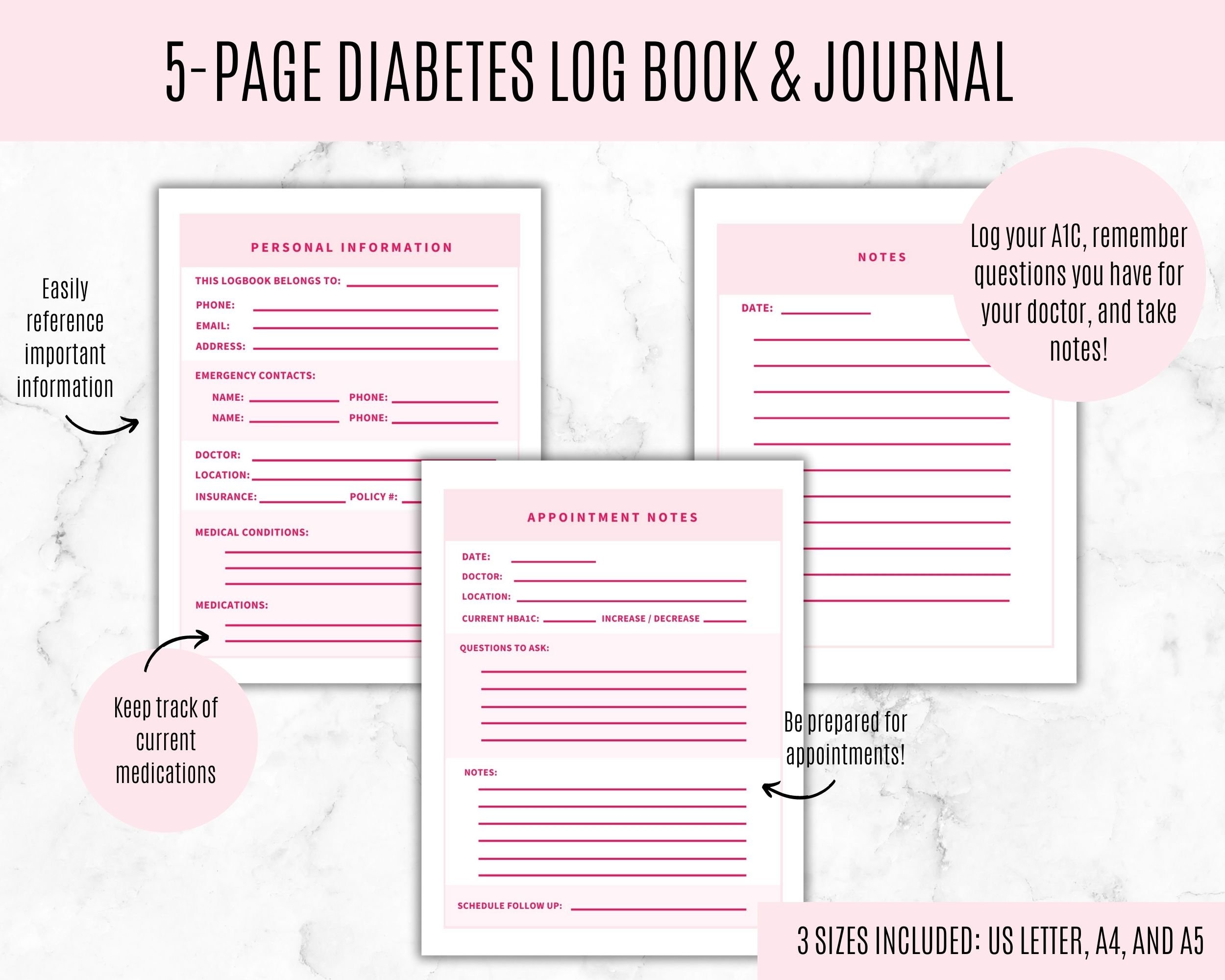 Digital Diabetic Journal, Printable Blood Sugar Tracker, Type 1 ...