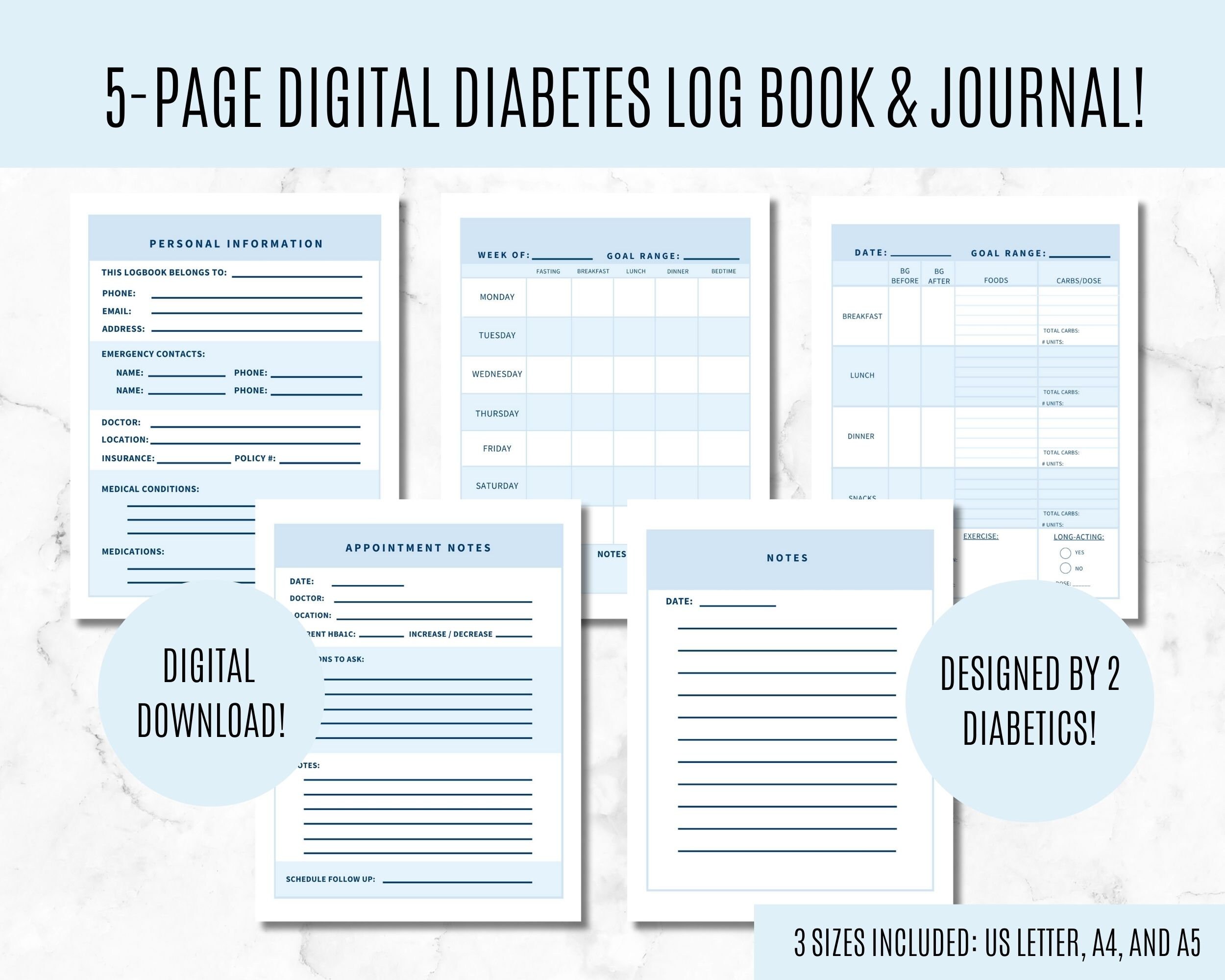 Digital Diabetic Journal, Printable Blood Sugar Tracker, Type 1 ...