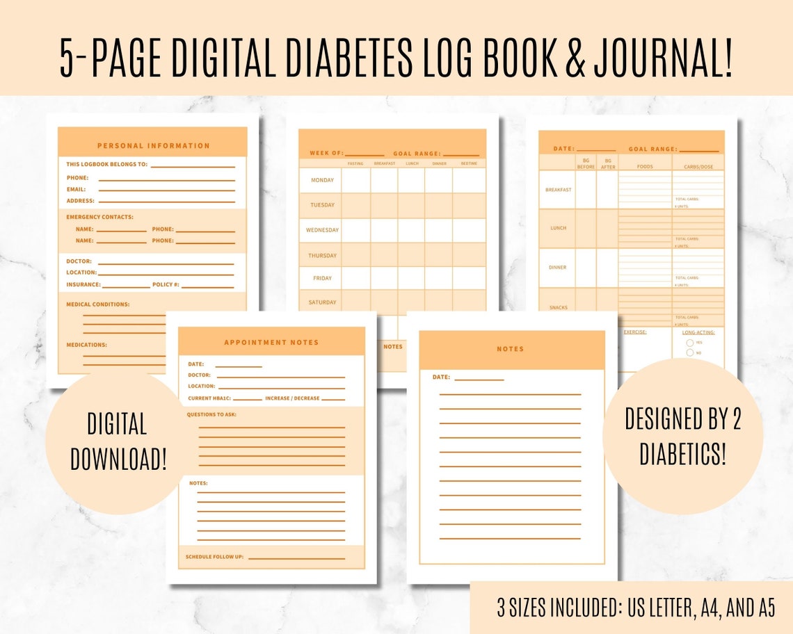 Digital Diabetes Log Book Printable Blood Sugar Tracker Type 1 - Etsy