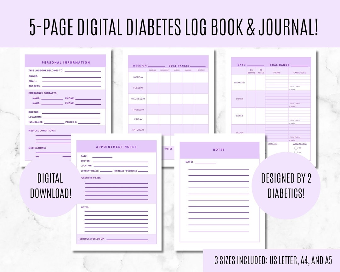 Digital Diabetic Journal, Printable Blood Sugar Tracker, Type 1 ...