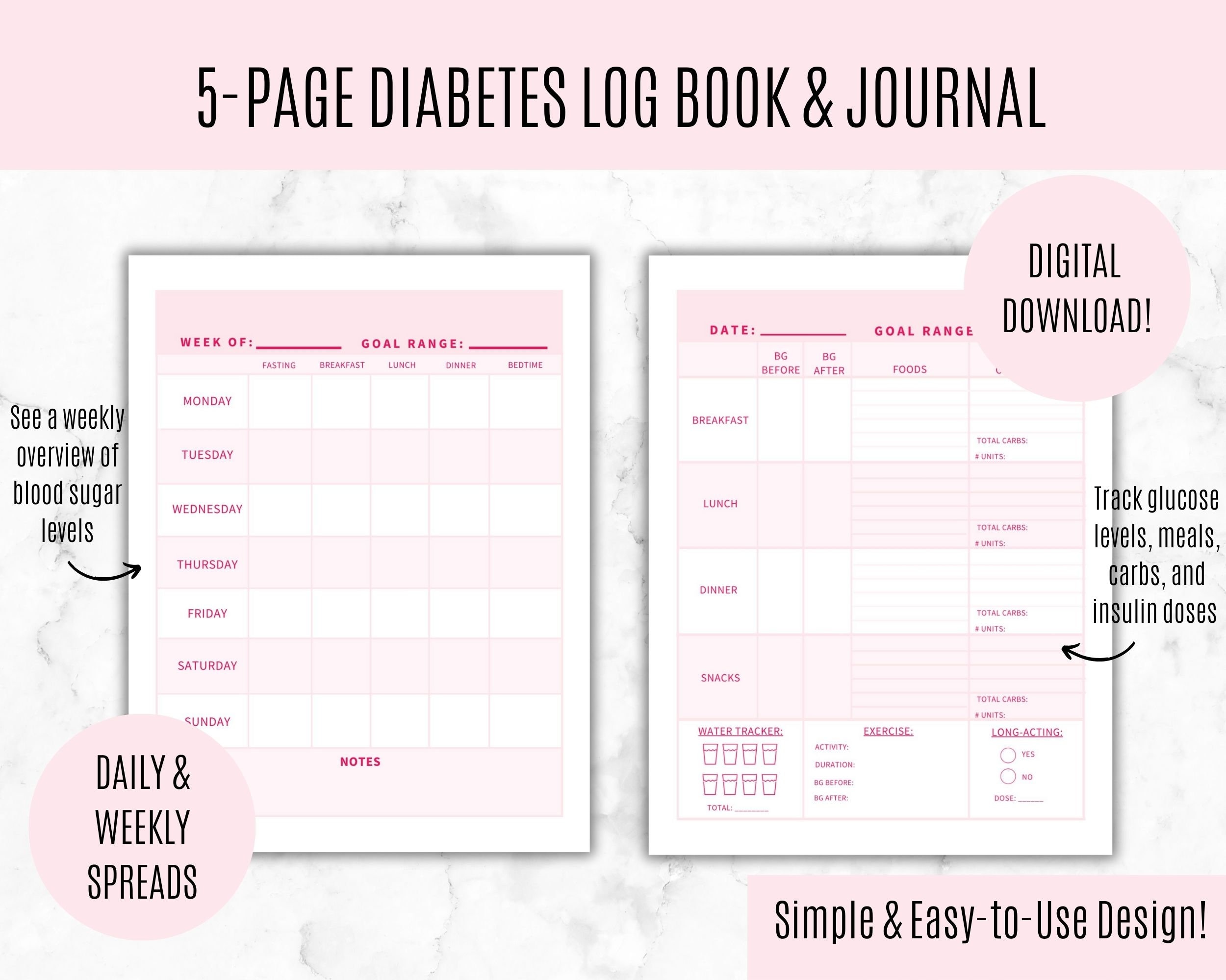 Digital Diabetic Journal, Printable Blood Sugar Tracker, Type 1 ...