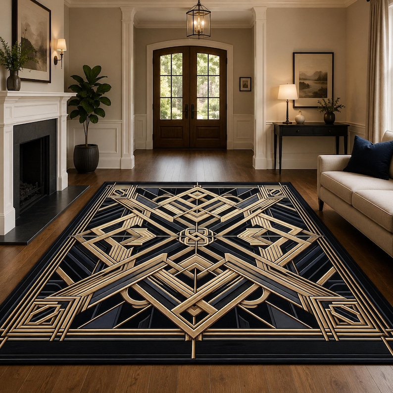 Black Gold Art Deco Rug, Geometric Gatsby Carpet, 1920s Metallic Line ...