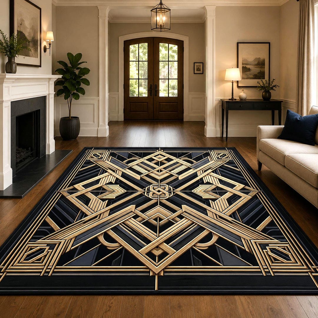 Black Gold Art Deco Rug, Geometric Gatsby Carpet, 1920s Metallic Line ...
