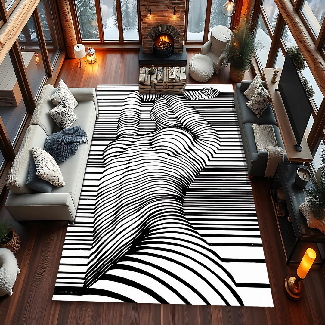 Abstract Line Art Rug: Modern Black and White Decor - Etsy