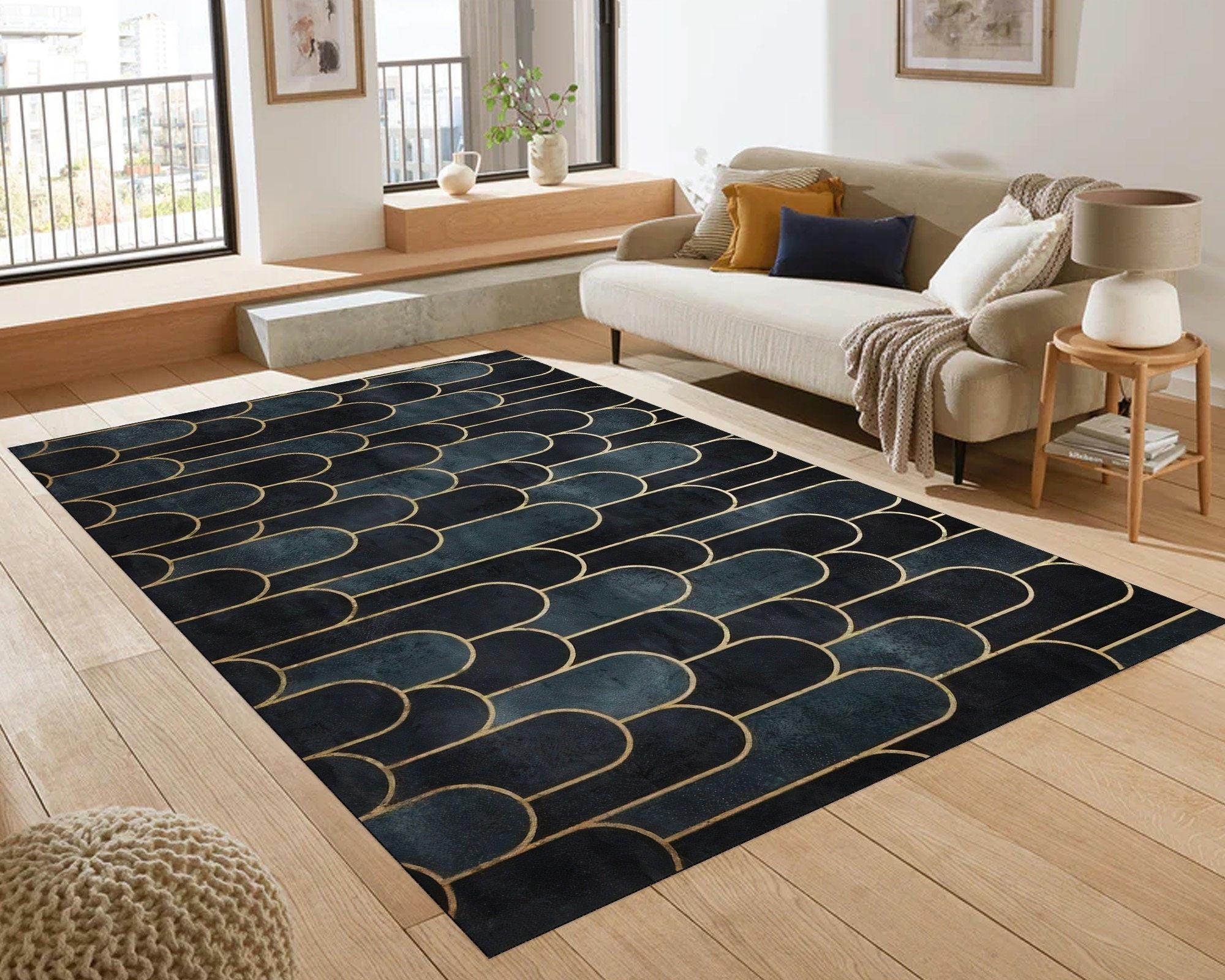 Navy Blue Based Gold Lined Art Deco Home Decor Rug Modern Fine Striped Living Room Carpet Bedroom Kitchen Abstract Minimalist Office Salon Etsy