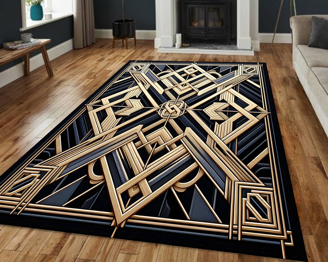 Art Deco Rug, Gold Striped Rug, Black Gold Rug, Geometric Gold Rug, Art ...